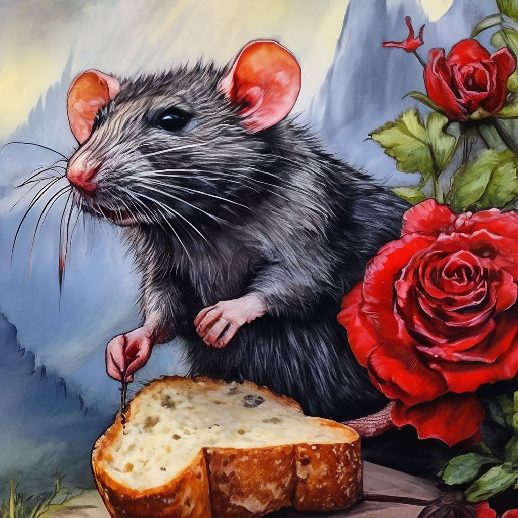 "You're a rat!) 🐁 a black rat in its paws holds a piece of a loaf with ...