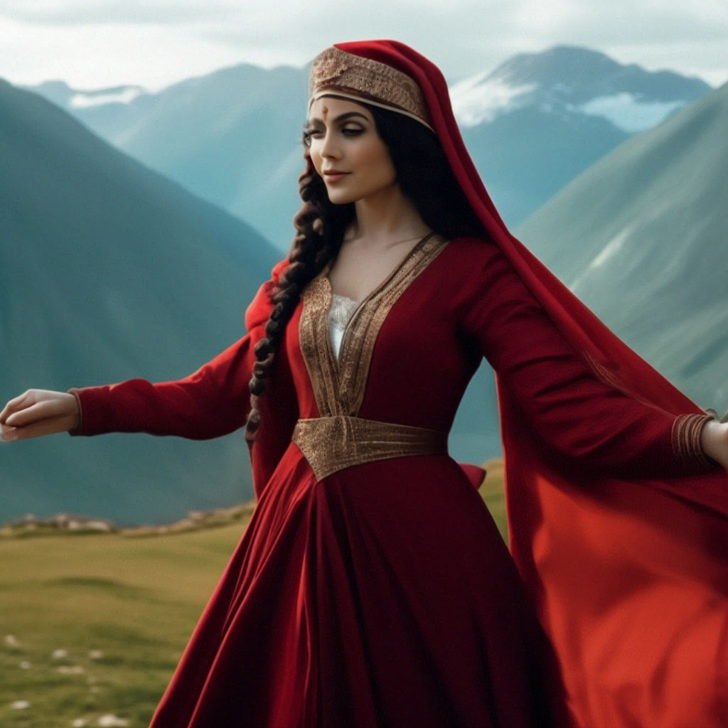 "Chechen woman in a national dress with a headdress dancing against the ...