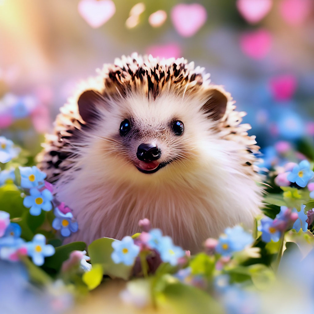 "Cute fluffy hedgehog with a warm smile in forget-me-nots,sunlight ...