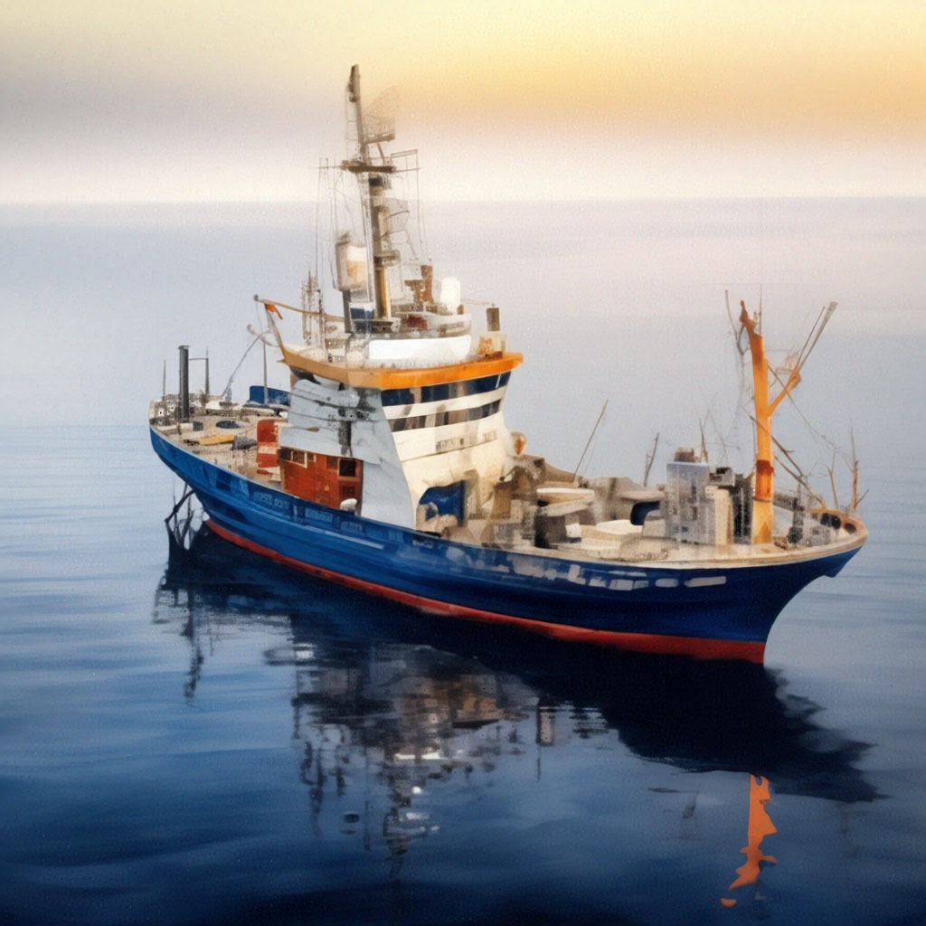 "Watercolor, northern sea, large trawler, view from a height fine black ...