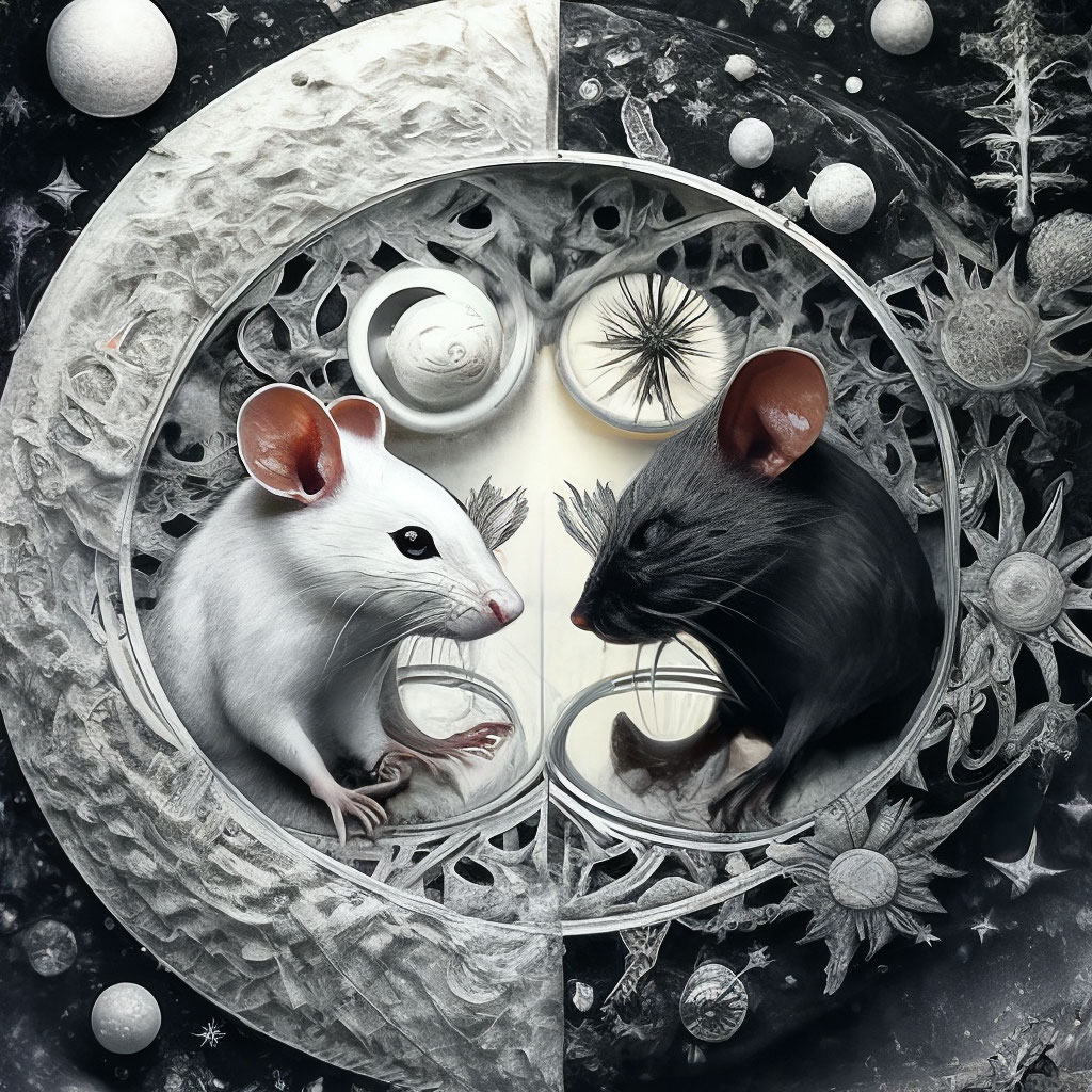 "Yin and yang in the form of black and white rats, fire and ice, sun ...