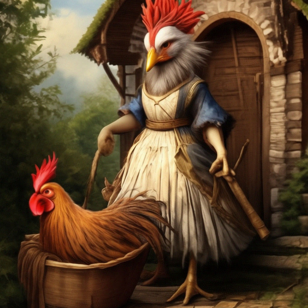 "A rooster with a scythe drives a fox away from a fabulous house. An ...