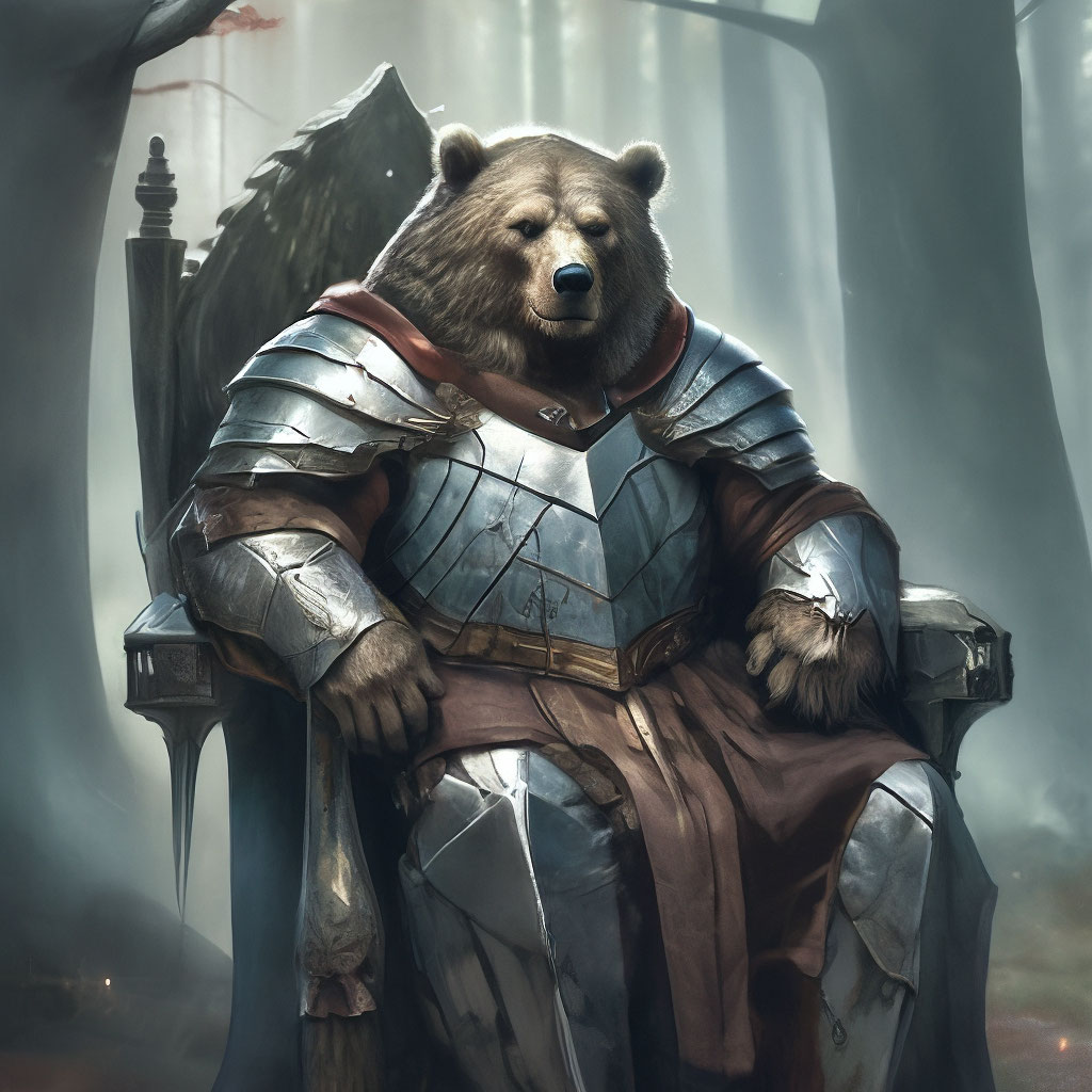 "A wise old, handsome bear in armor is sitting in an armchair, looking ...