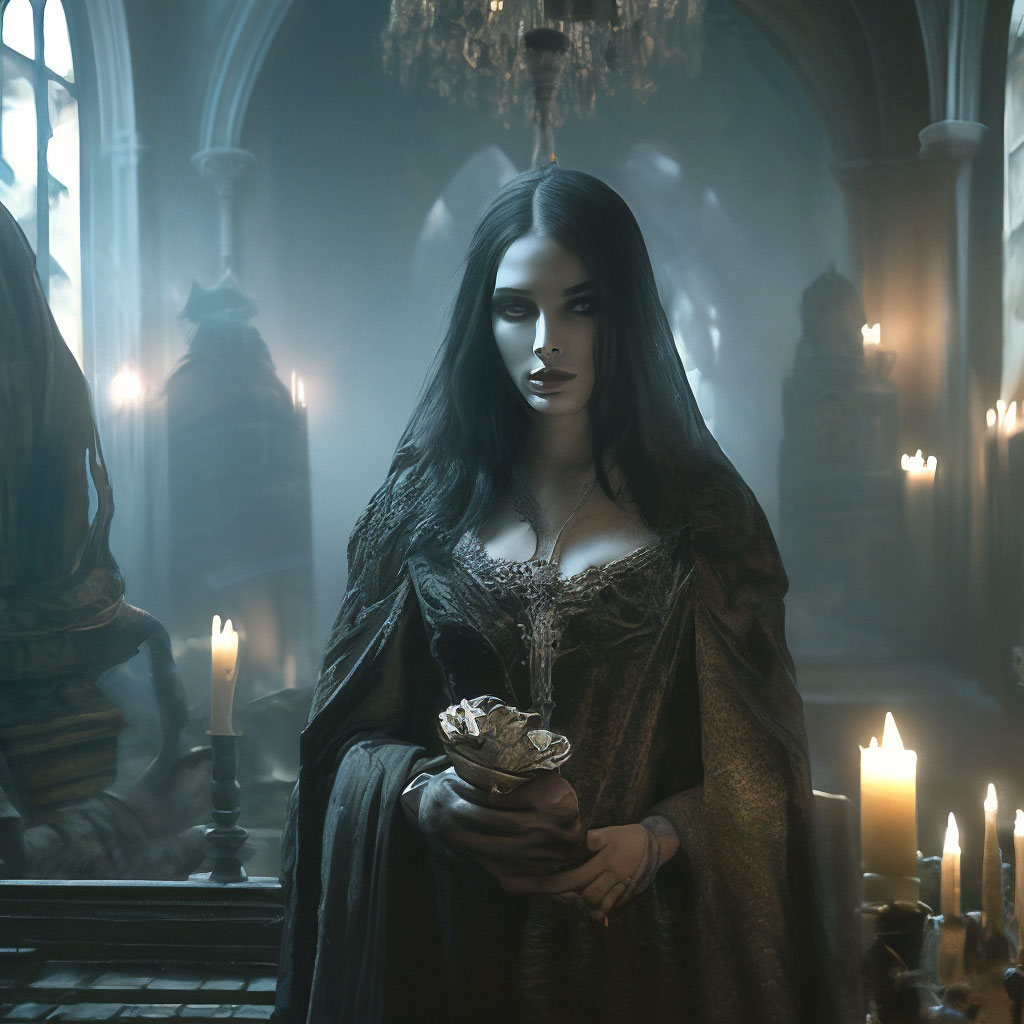 "Gothic, mystic, horror, mist, village, smoky ghost in museum, diamonds ...