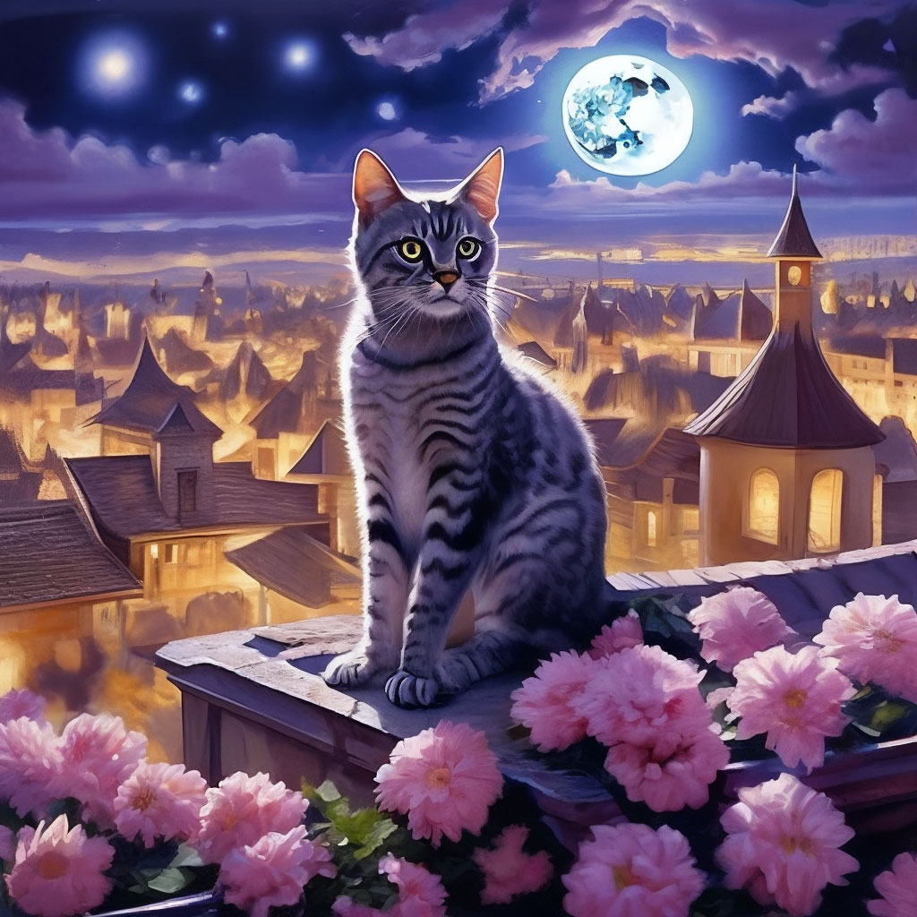 💜 Medieval city, gray Egyptian Mau…" — image created in Shedevrum