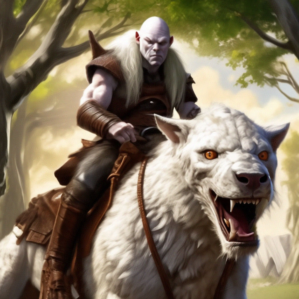 "The hairless, shaved white orc Azog the Defiler riding on a white warg ...