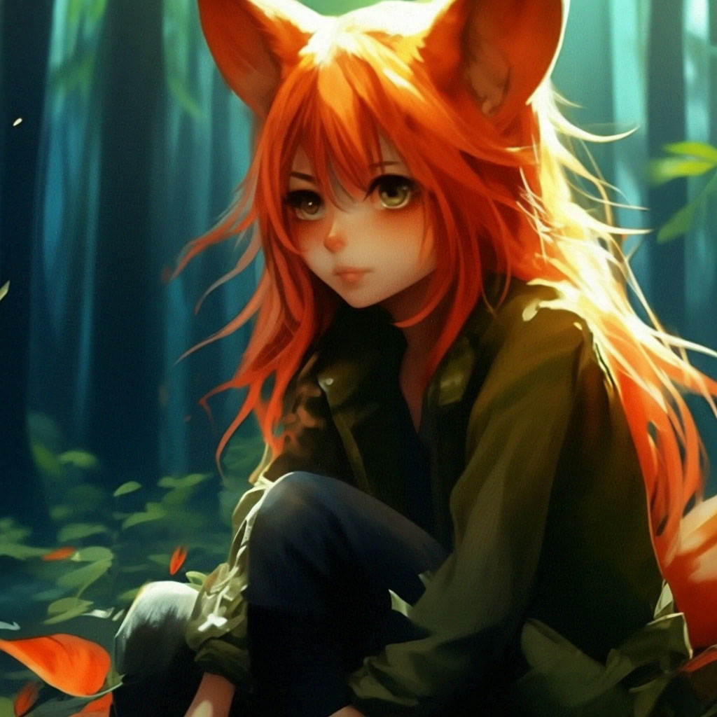 "😌 @fox_m,a painting of a fox girl sitting on the ground, an anime ...