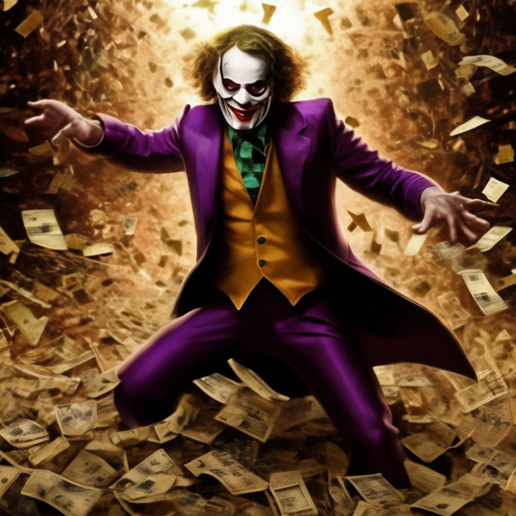 "The Joker is dancing on a pile of money" — image created in Shedevrum