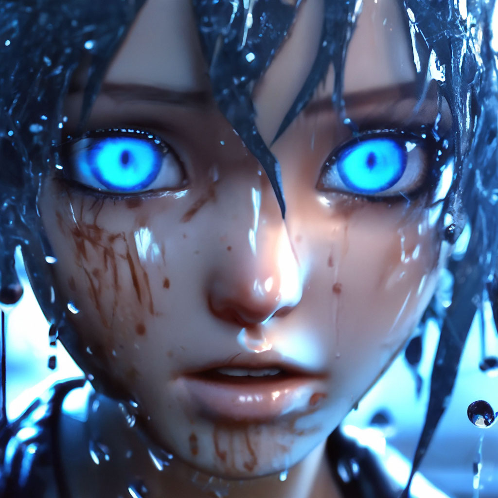 "Anime girl, 3D, face, wet skin, glow…" — image created in Shedevrum