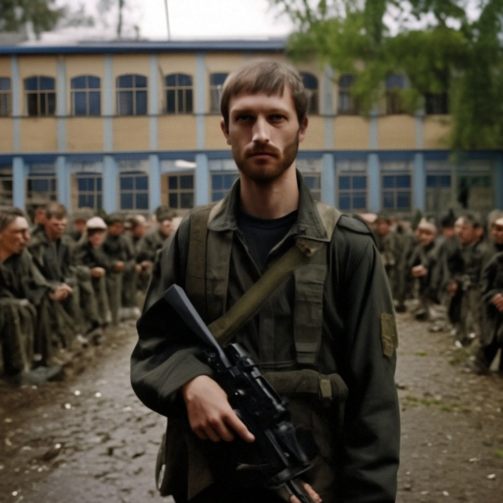 "The year is 2004. A Russian Russian male terorist stands at a Small ...