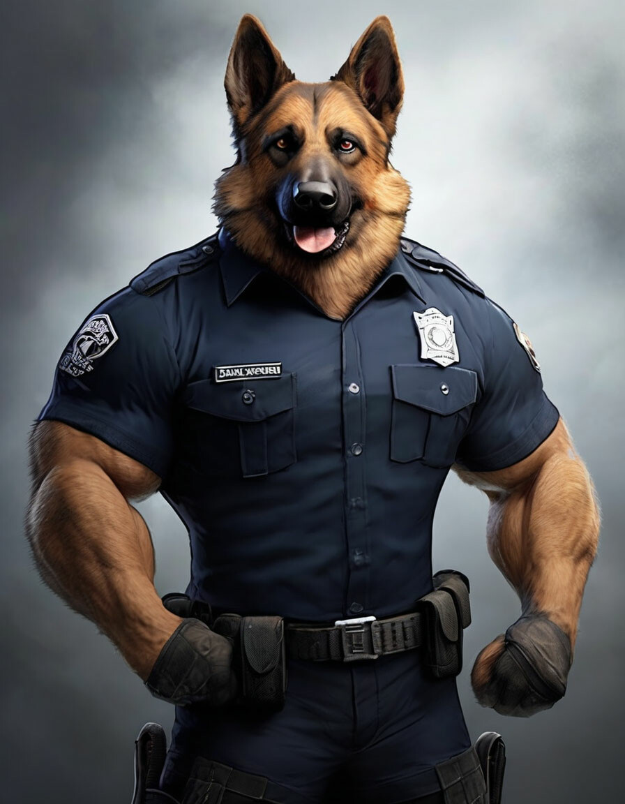 "Massive muscular furry German Shepherd in police uniform, huge muscles ...