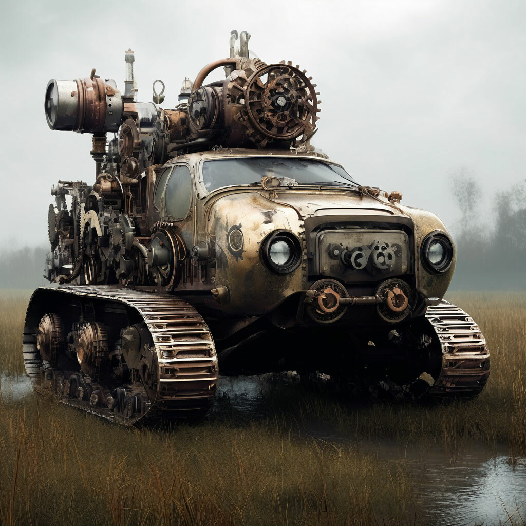 "Steampunk, all-terrain vehicle, tracked, gears, swamp" — image created ...