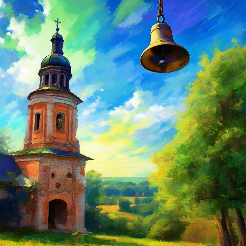 "Trinity Russia morning sun. in the foreground there is a bell, a bell ...