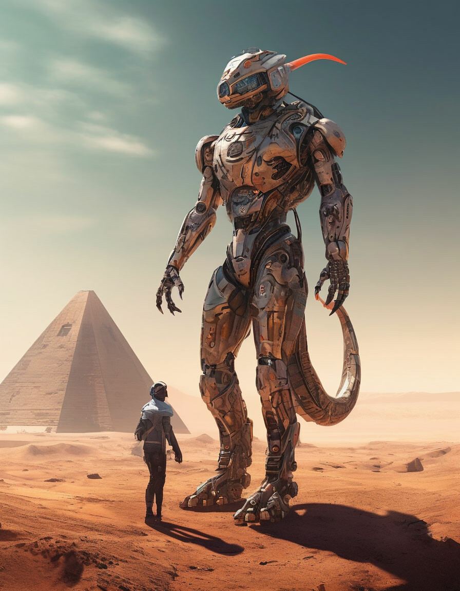 "Anthropomorphic android robot with a long tail like a dinosaur ...