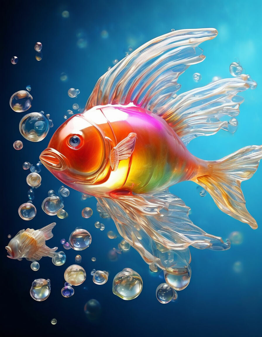 "Fantasy, glass transparent fish swimming, multicolored glass, mother ...