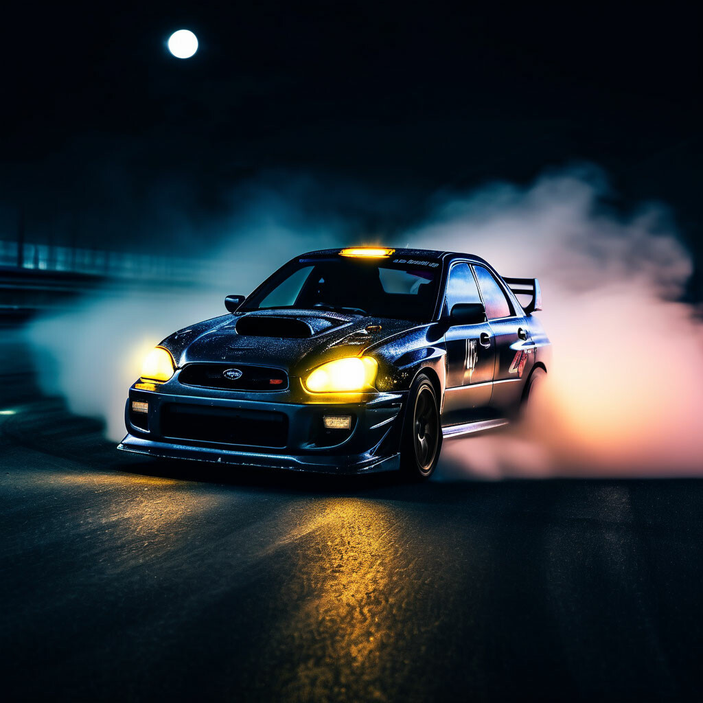 "SUBARU IMPREZA WRX STI, racing night on a black road, a lot of fog ...