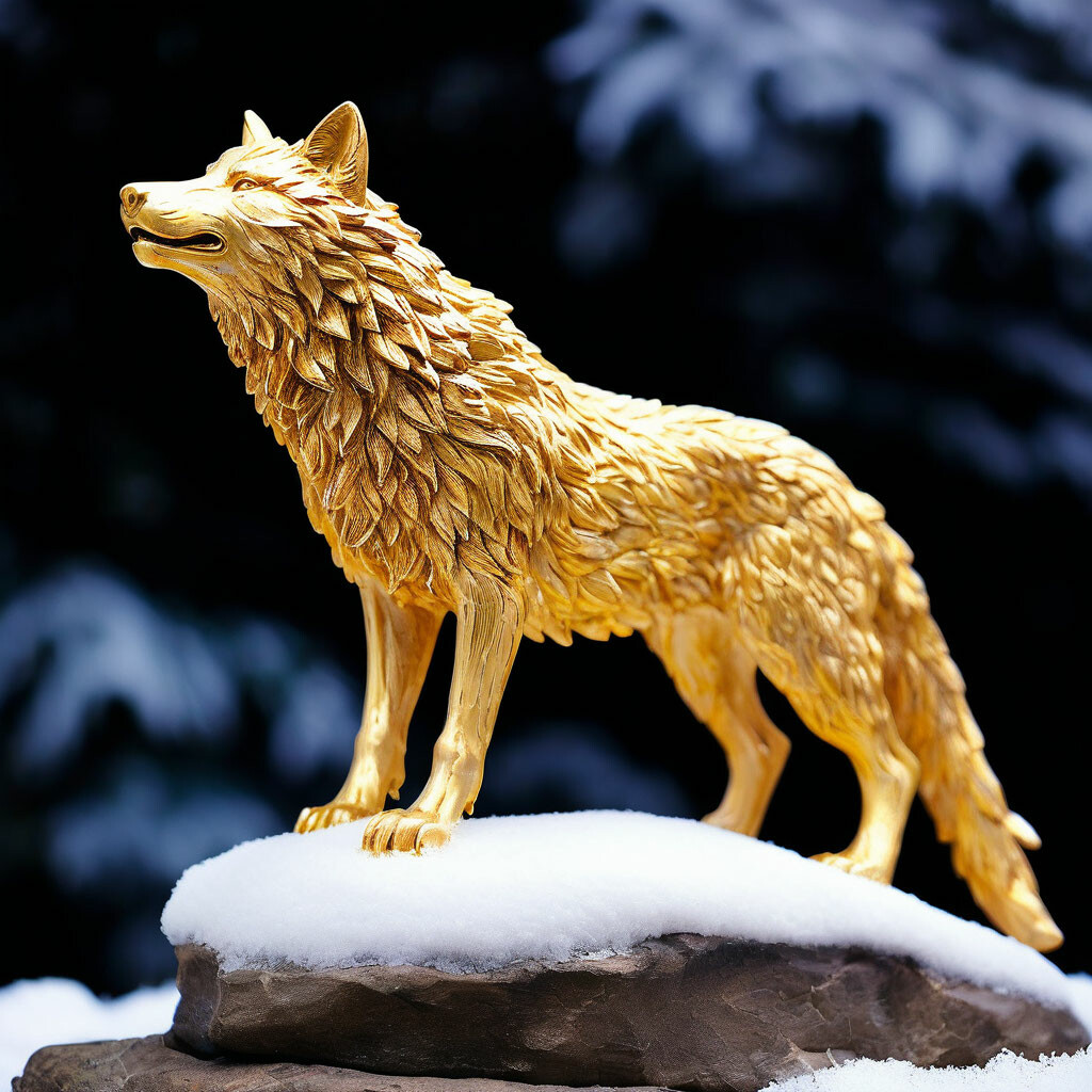 "Golden wolf statue, beautiful, magical, wolf howls, statue, gold, wolf ...