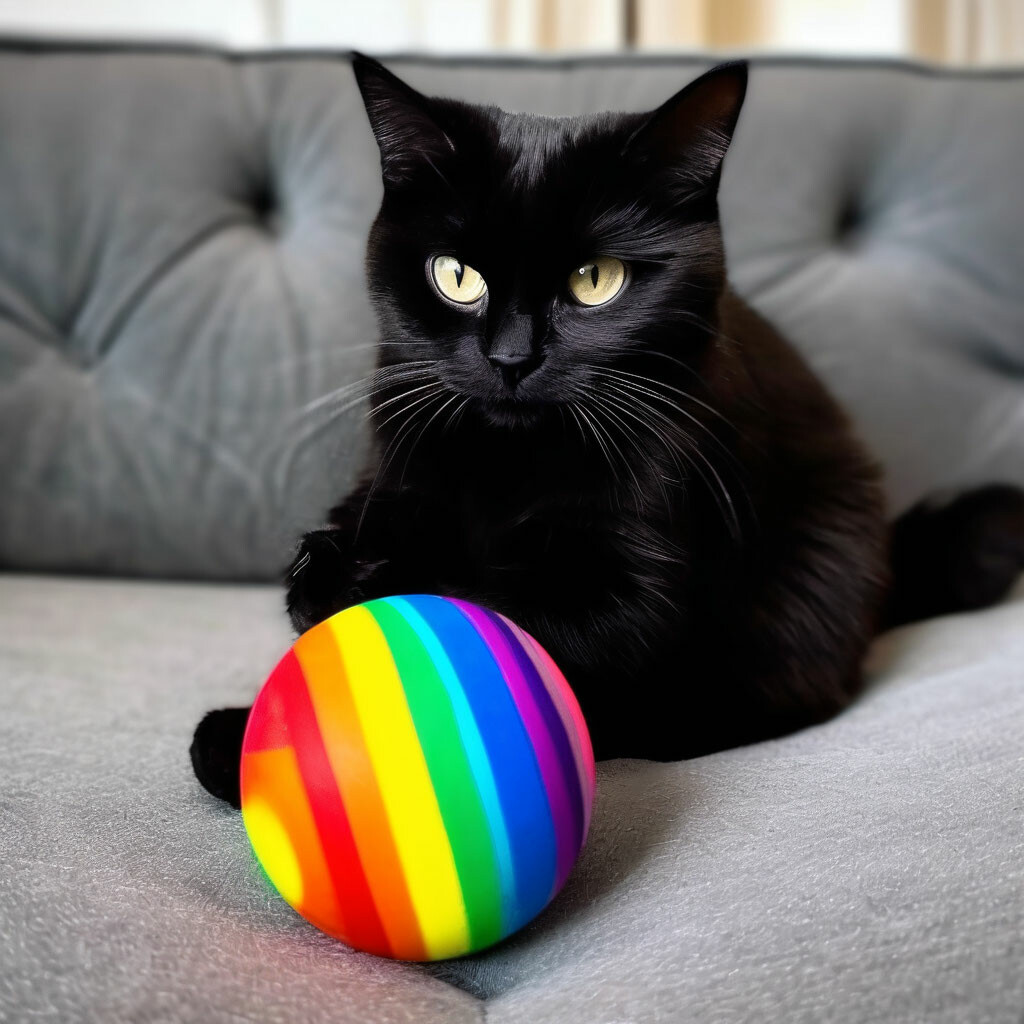 "Dasha the cat is playing with a ball. black cat Dasha is sitting on ...