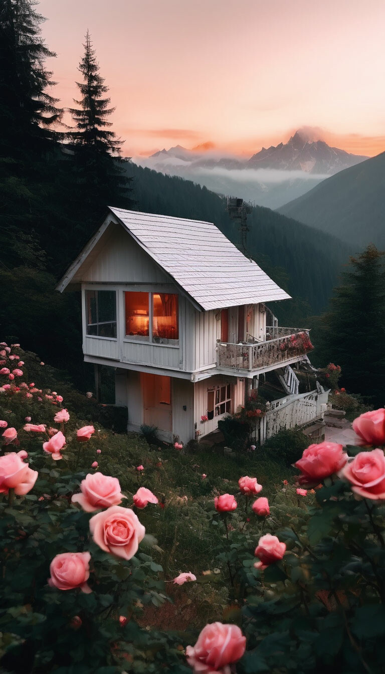 "Forest white hut with balcony, cozy, in roses,sunset,mountains ...