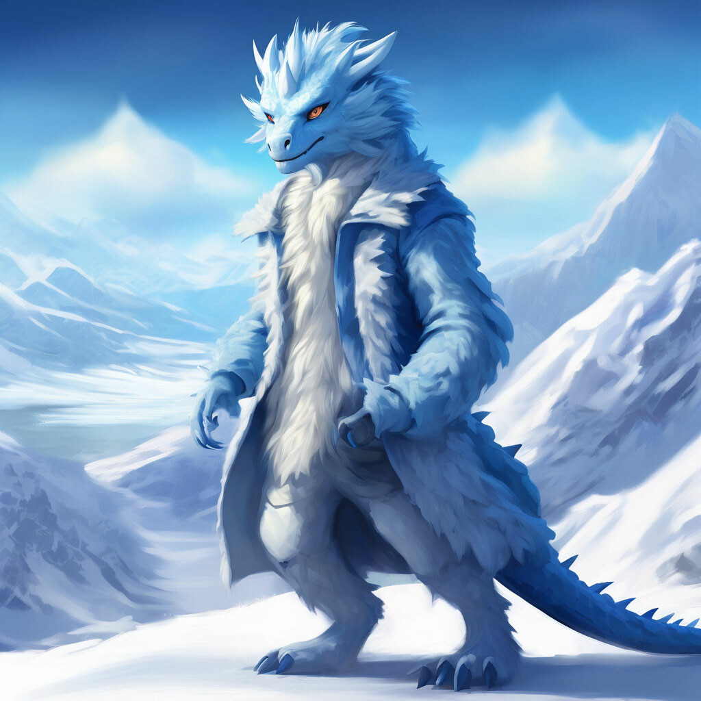 "An anthropomorphic dragon. Light blue fluffy coat. Bright white eyes ...