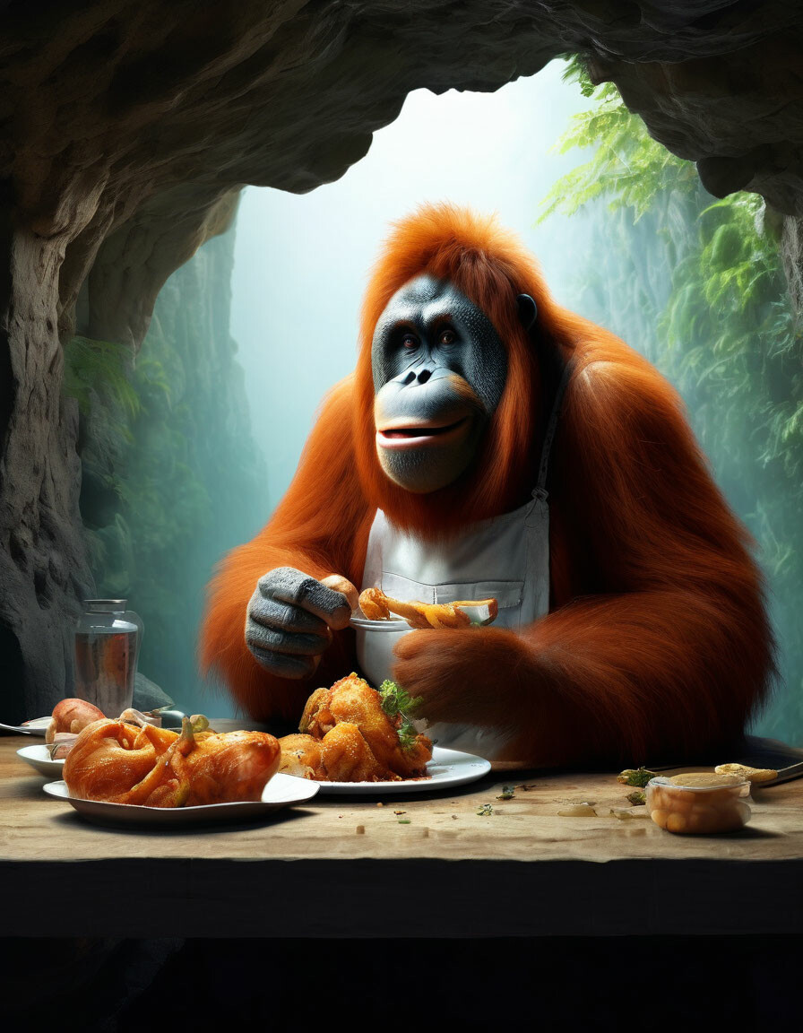 "The year 1865 is the island hyperrealism, a huge orangutan is sitting ...