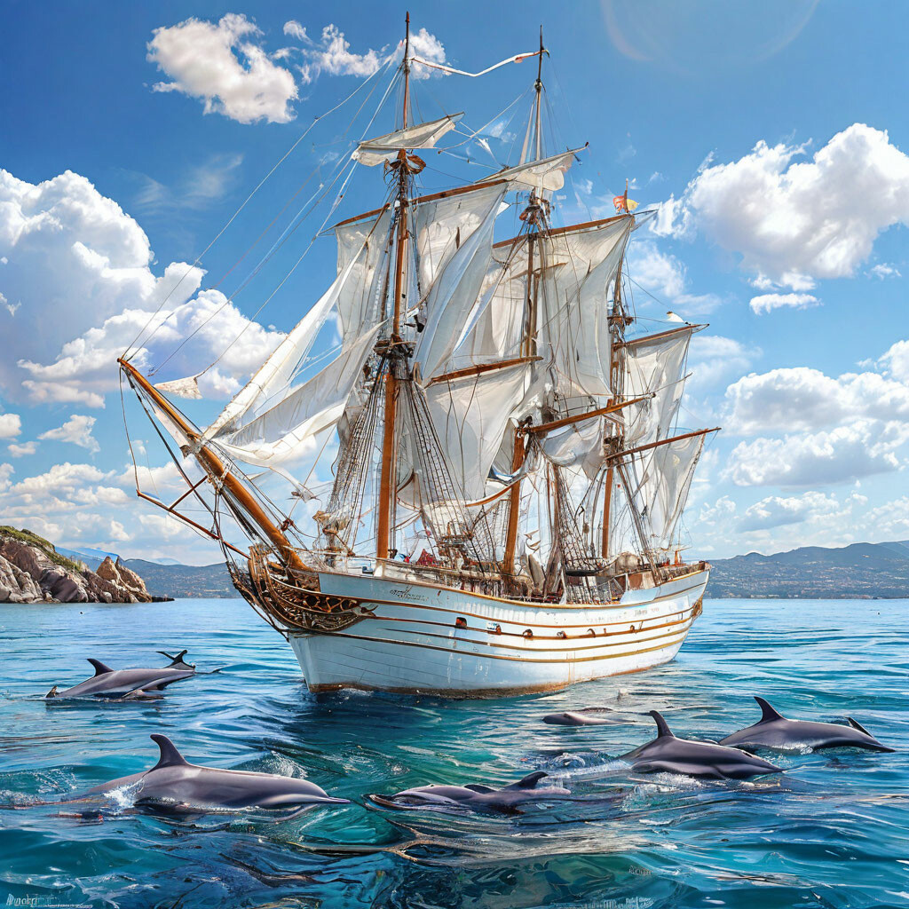 "A beautiful white sailing ship. dolphins are in the water nearby ...