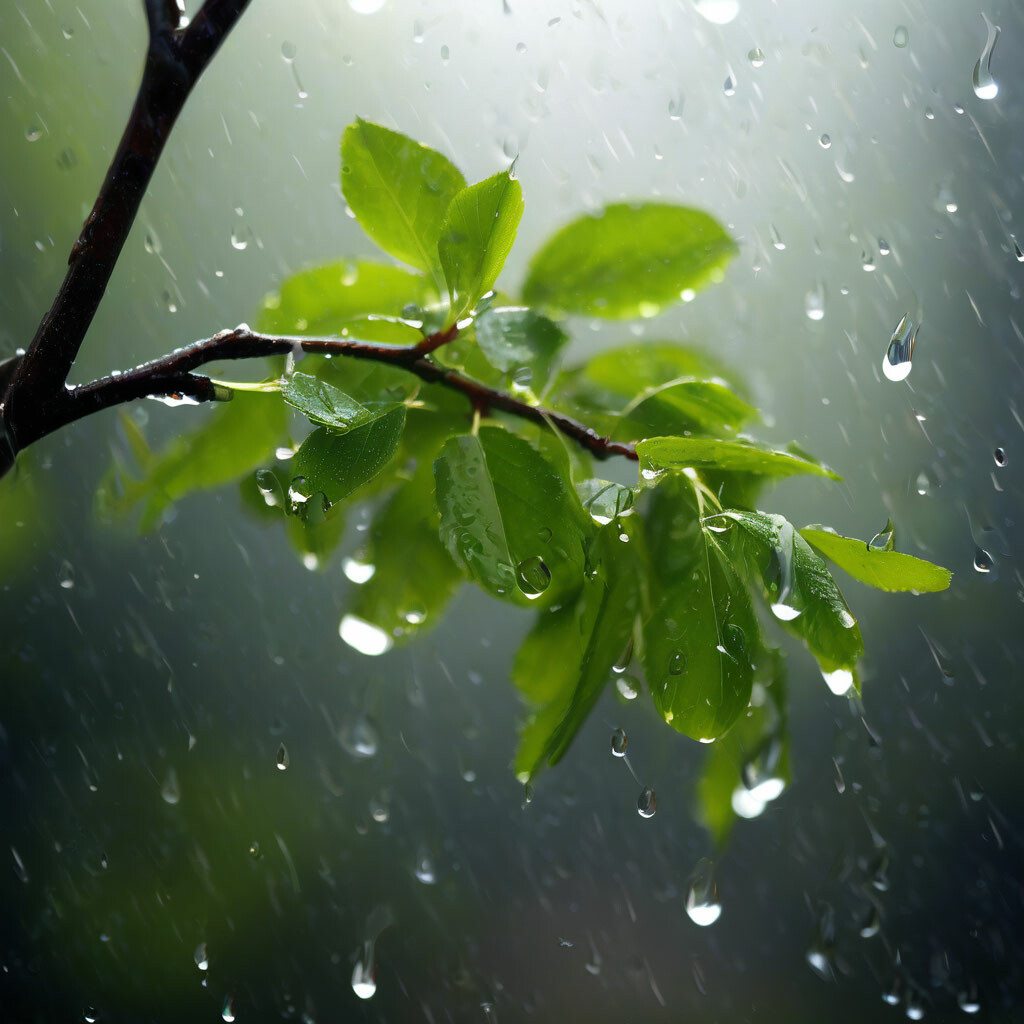 "Tree twig, spring, rain, raindrops on leaves, fresh air, lightness ...