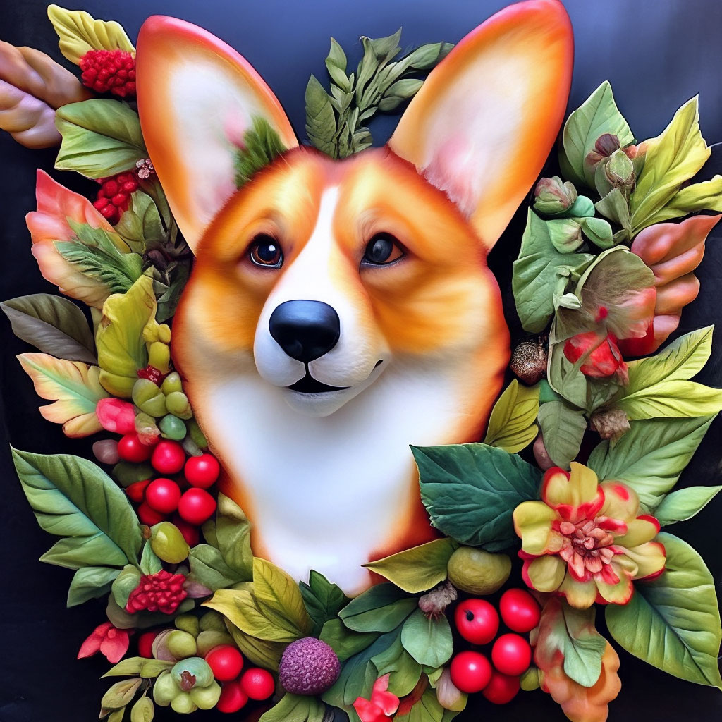 "Fabulous corgi with huge leaves, flowers, berries" — image created in ...