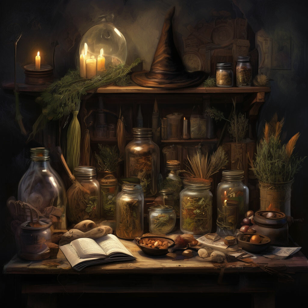 "A cozy corner of a witch, medicines, jars, jars, bunches of herbs, a ...