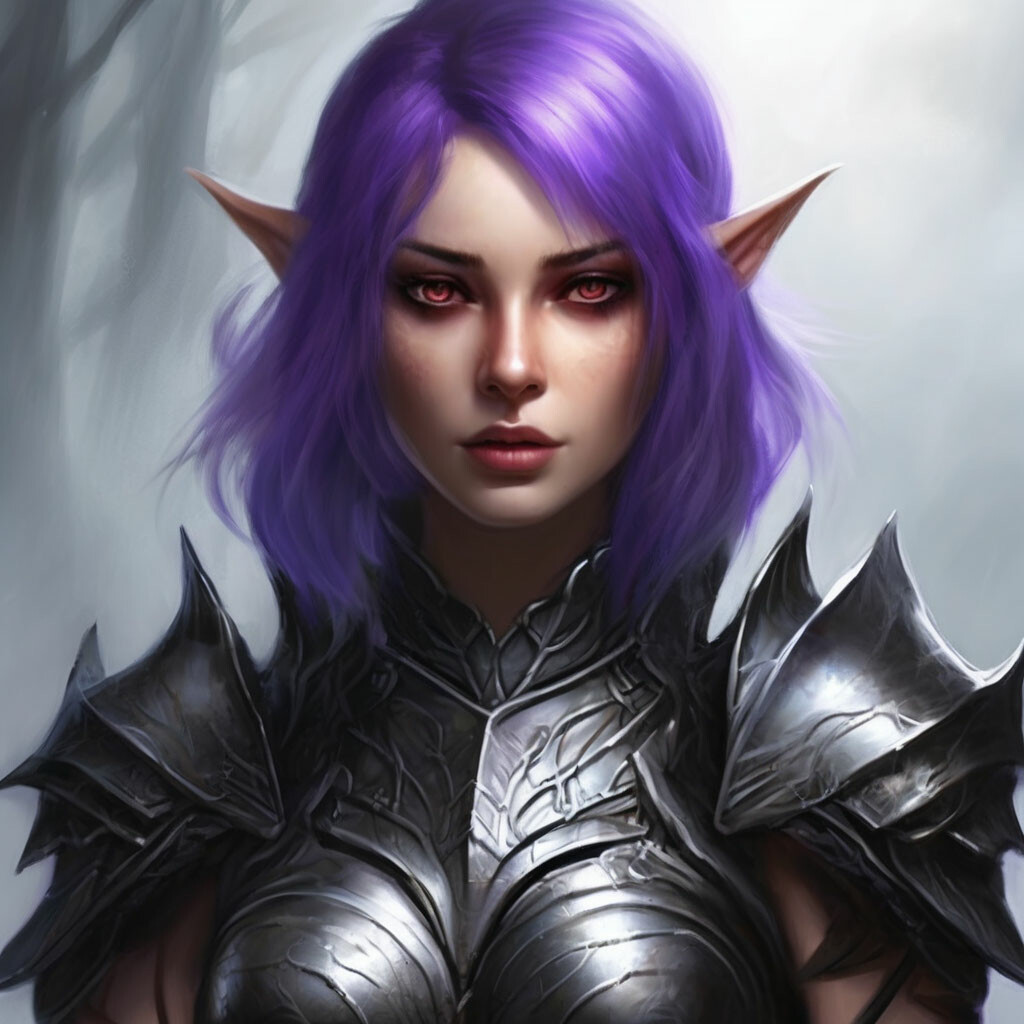 "A elf female, in carbon armor, violet hair, red eyes, highly detailed ...