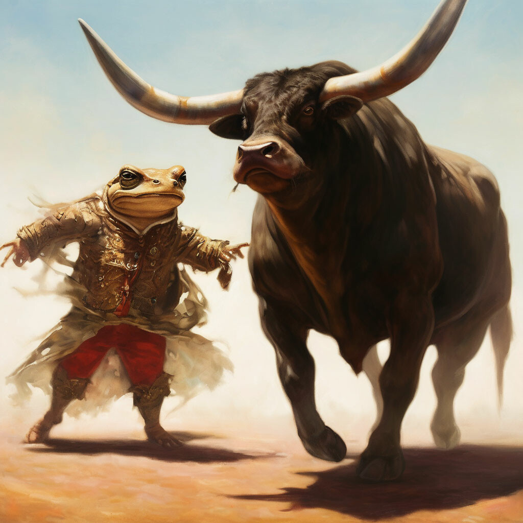 "Toad takes bull by the horns at bullfighting matador toad" — image ...
