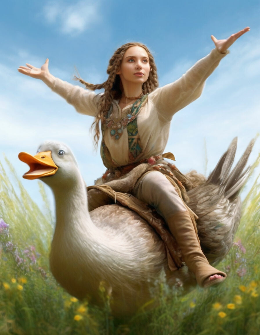 "Cute beautiful druid with big eyes rides a duck, arms spread apart ...