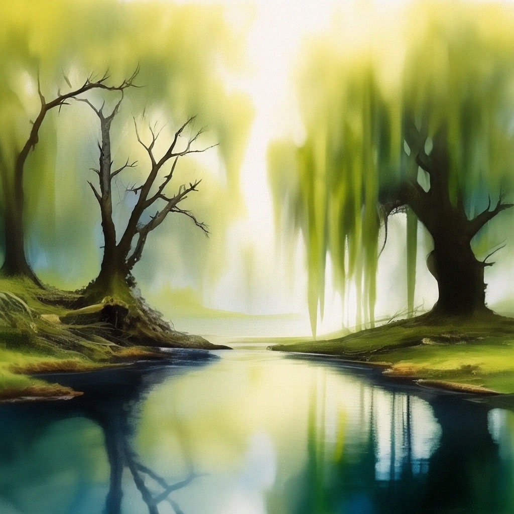 "Spring willow lake fog watercolor" — image created in Shedevrum