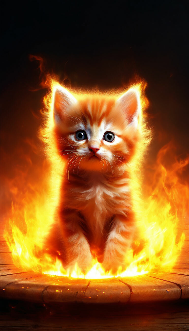 "A beautiful red kitten on fire" — image created in Shedevrum