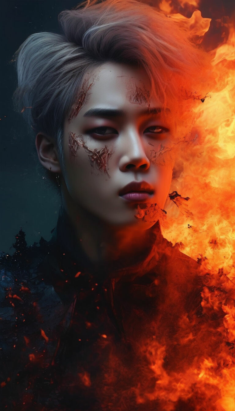"Pak Jimin bts, ash flakes, burns on the face of beads, embers on the ...