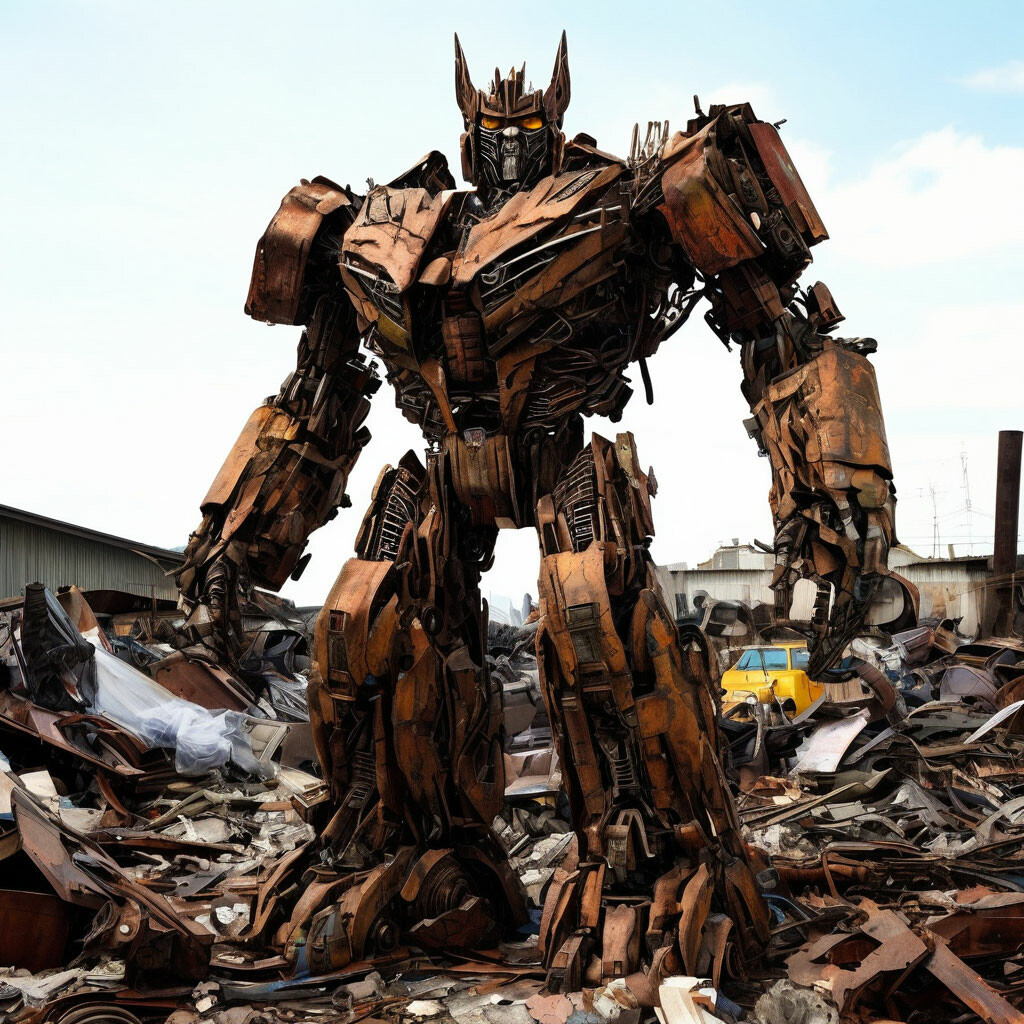 "A rusty transformer robot sits in a scrap yard," — image created in ...