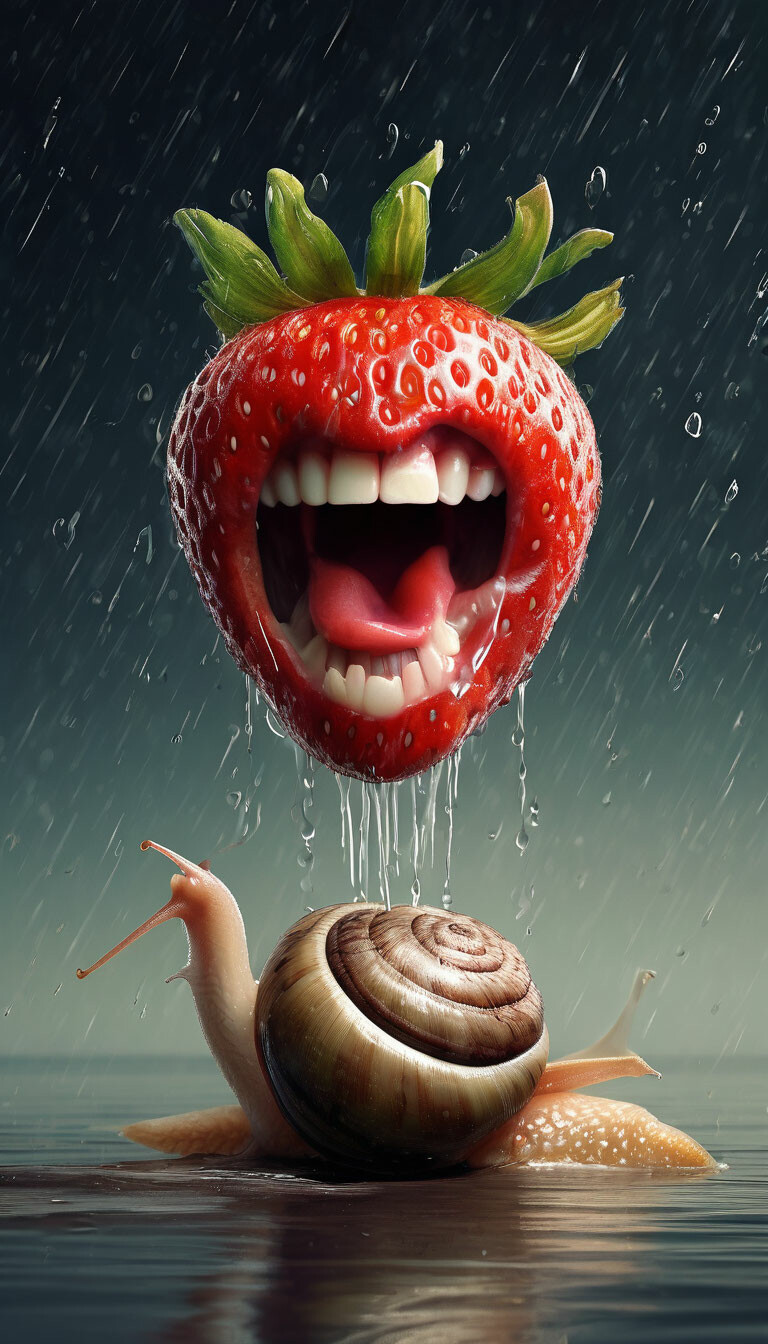 "Surrealism Strawberry with her mouth wide open trying to bite a snail ...