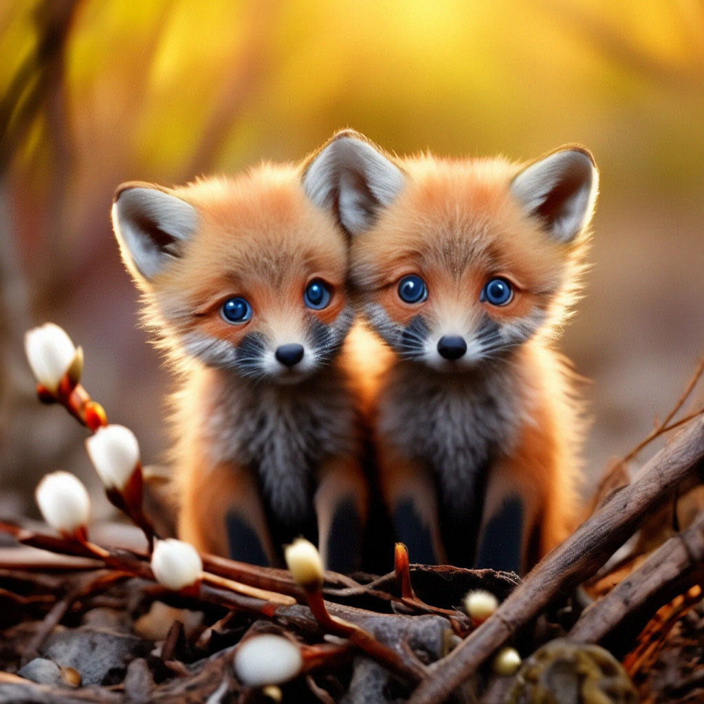 "Palm fox cubs (foxes.) micro-small fox cubs on willow twigs.together ...