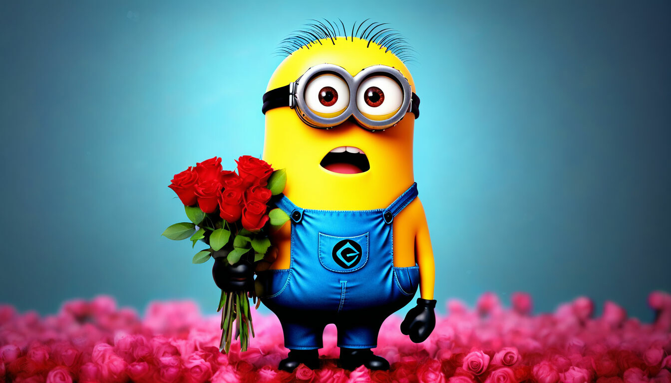 "Funny minion with a bouquet of roses" — image created in Shedevrum