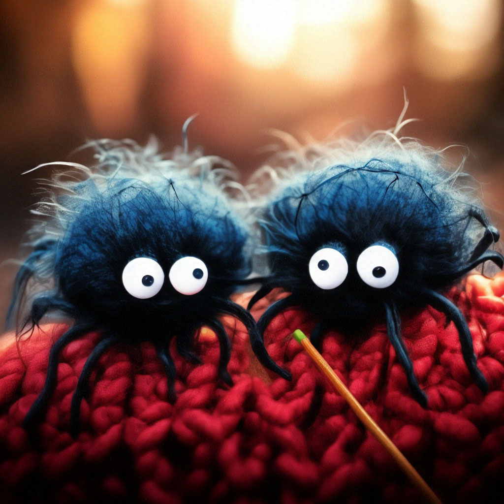 "Sad suspicious spiders are knitting a web of mohair on knitting ...