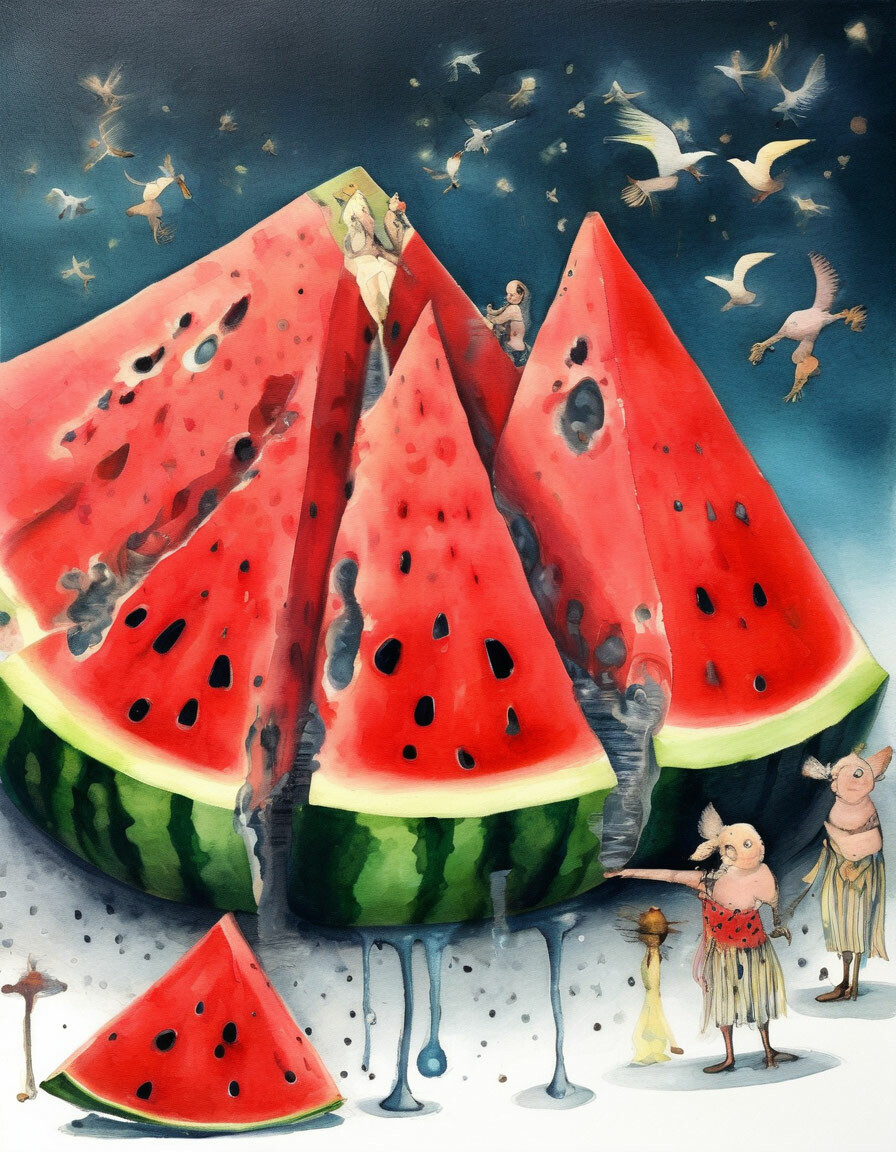 "Dreams watermelon children and wagtails beading watercolor with fine ...