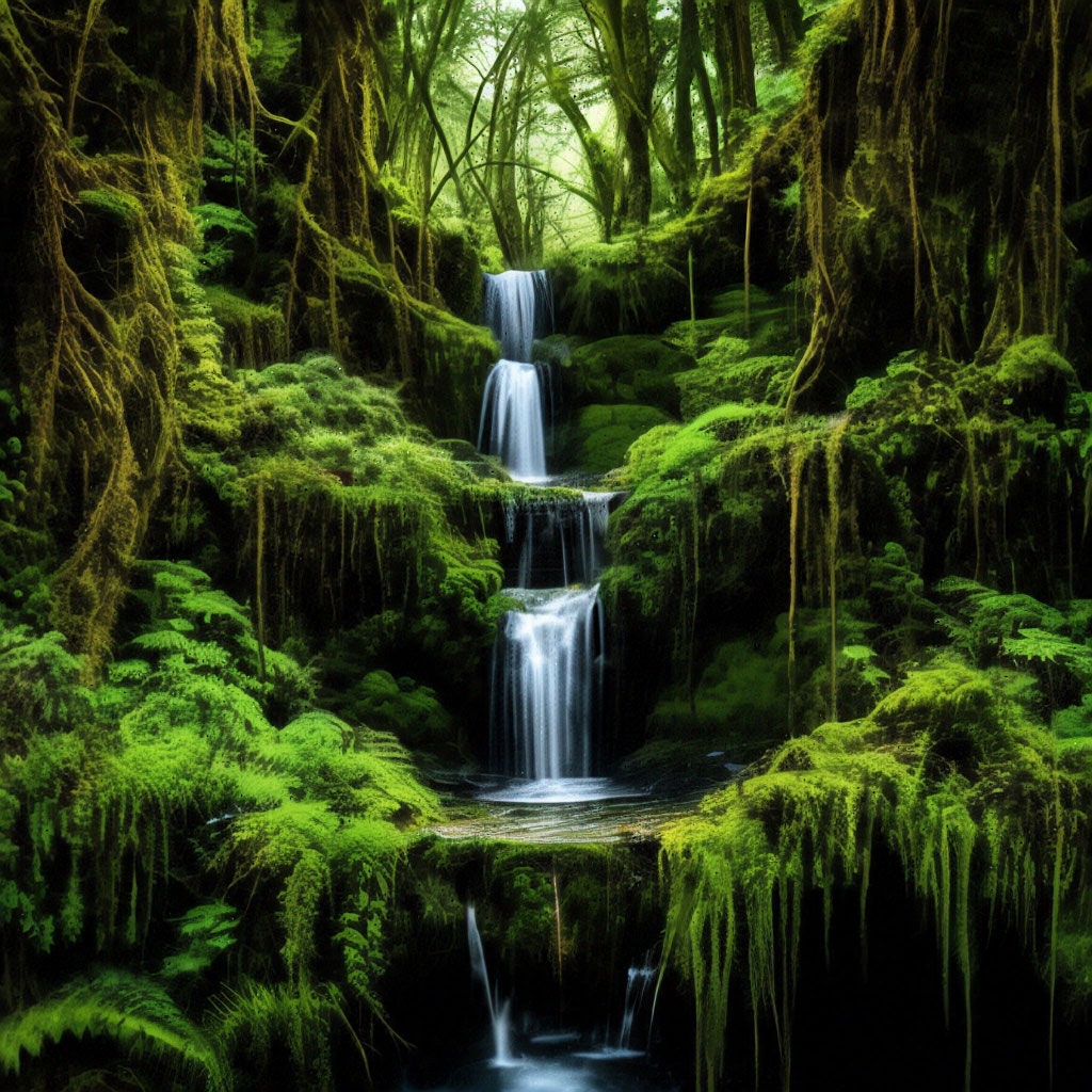 "Fractal pattern,intricate,pines,ivy,ferns,moss,multistage waterfall ...