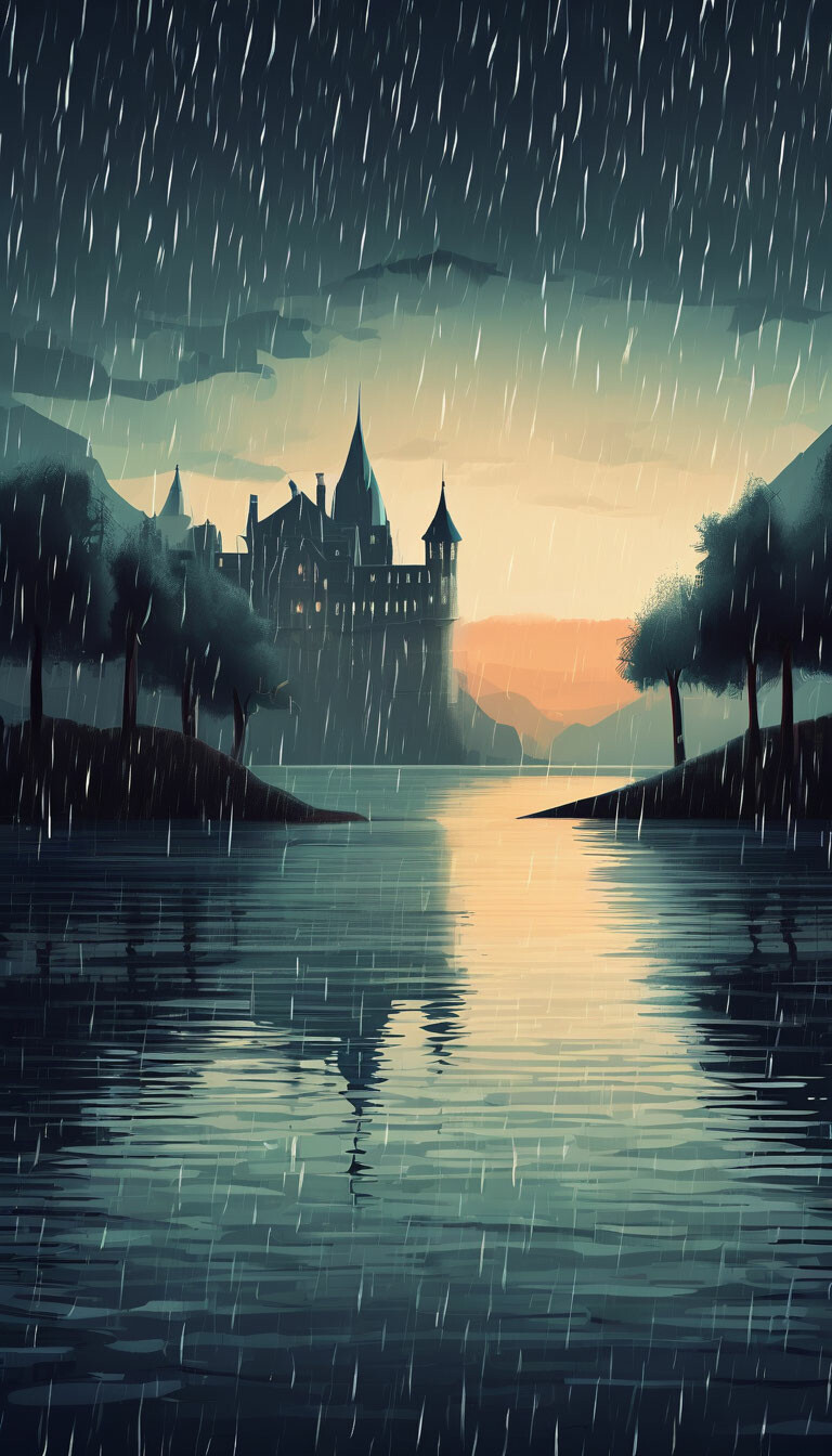 "Flat illustration, rain, rain, lake, castle" — image created in Shedevrum