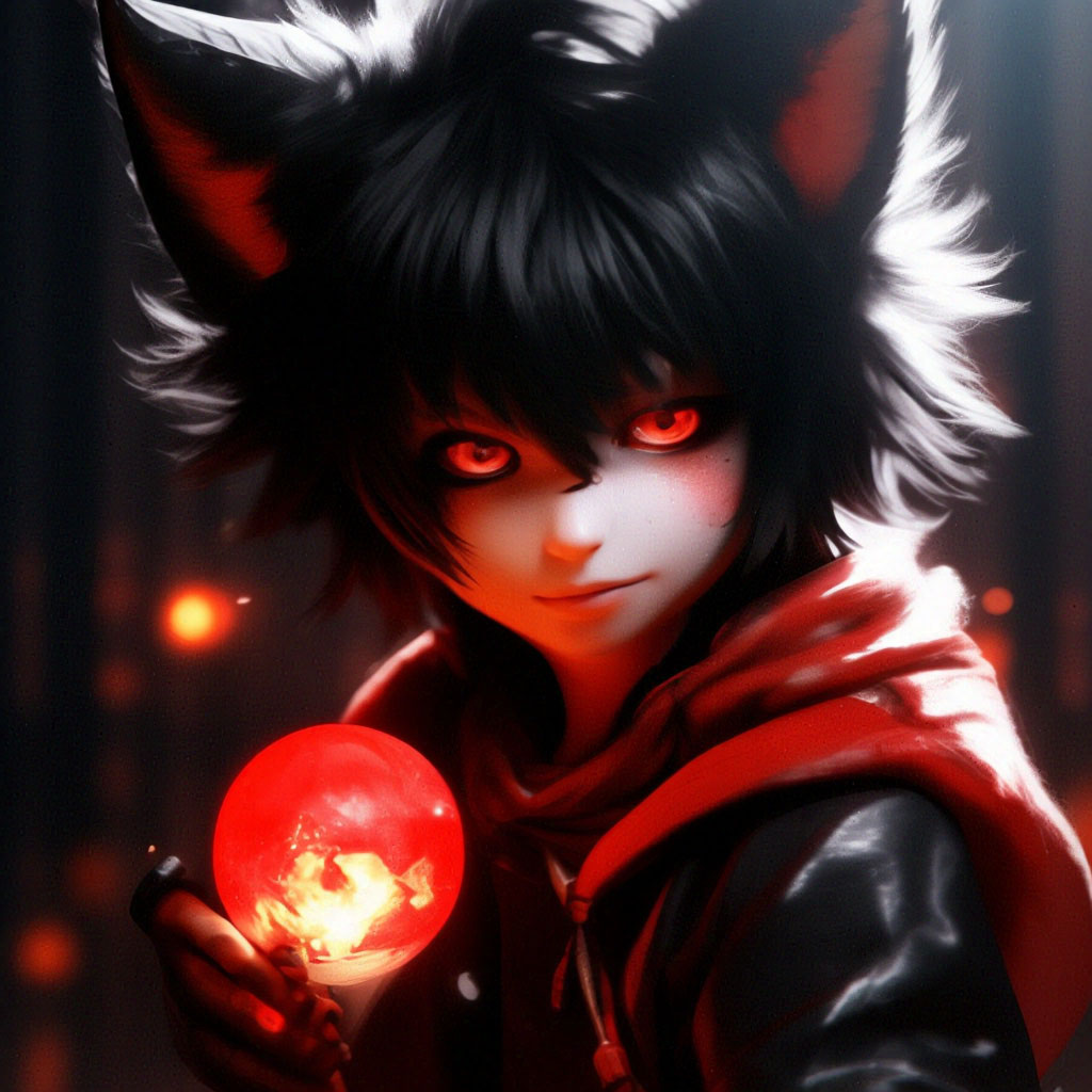 "A very cute monster boy with protruding fangs and glowing red eyes ...
