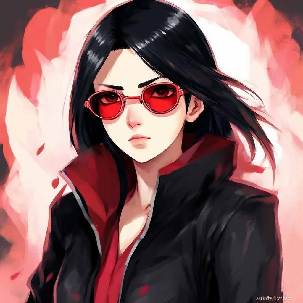 "Sarada Uchiha with long hair and red glasses, looks seriously ...