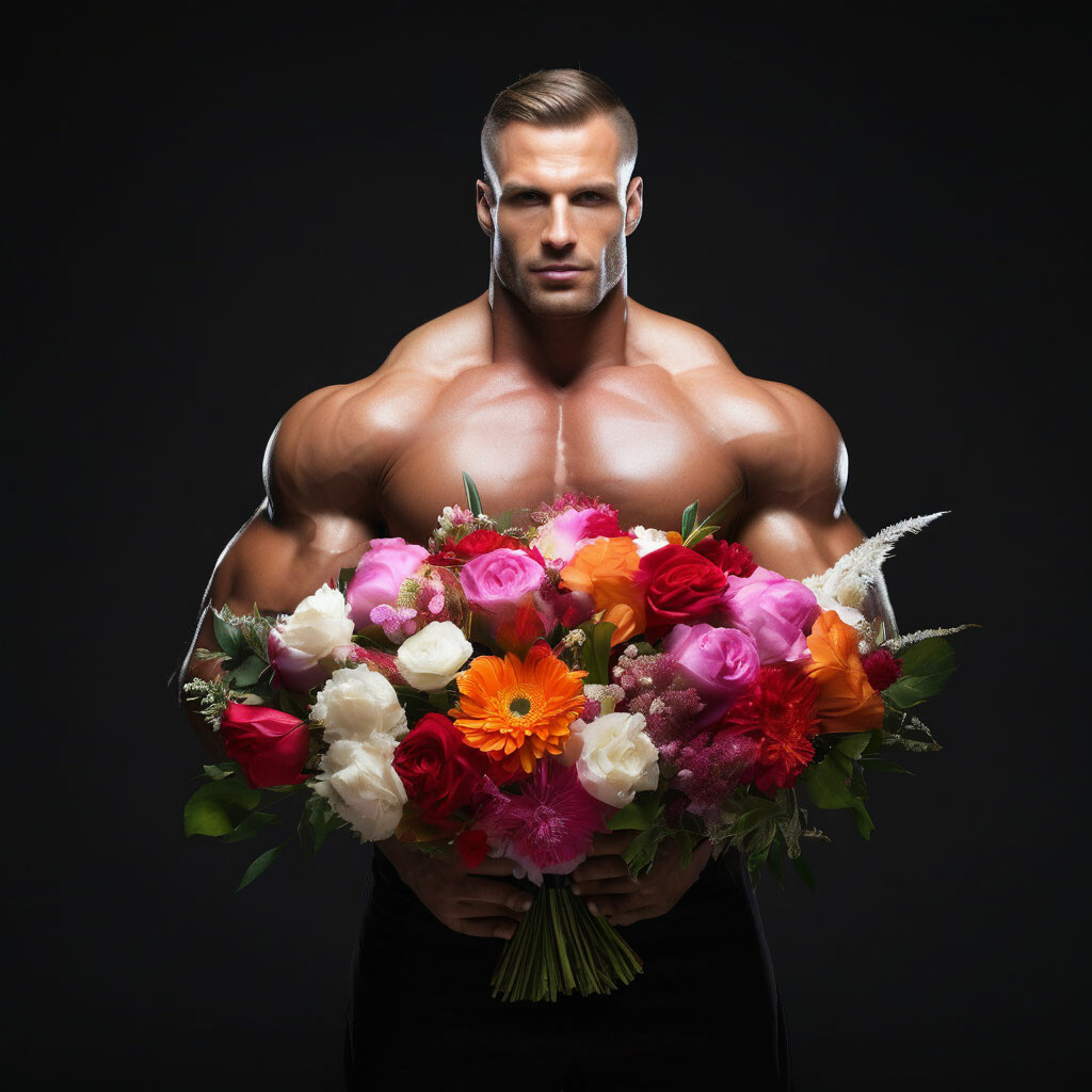 "Bodybuilder presents you a luxurious bouquet of flowers" — image ...