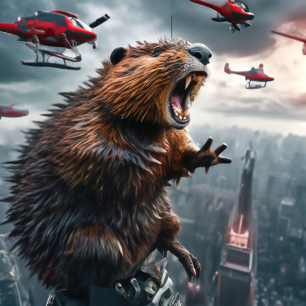 "A giant aggressive beaver is hanging on a skyscraper holding on to the ...