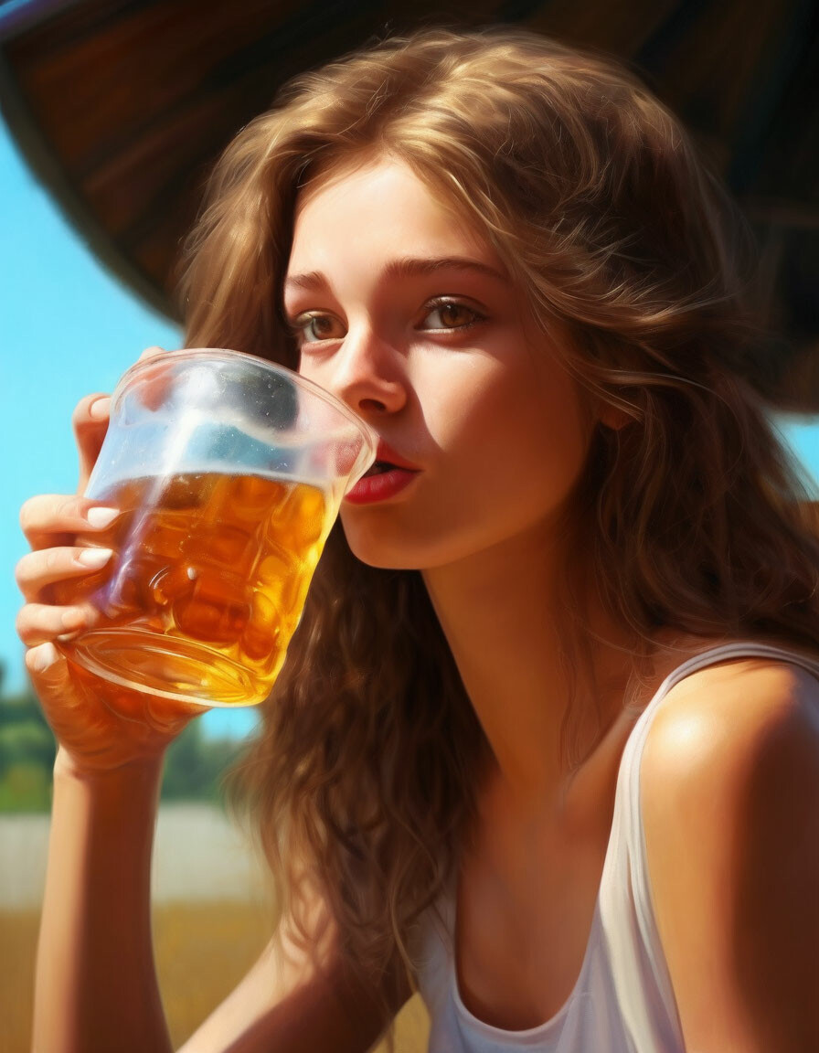 "The girl drinks cold kvass 500k, hyperrealistic, beautifully ...