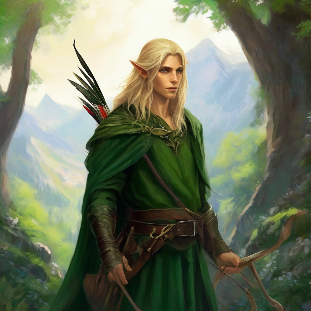 "Elf🧝♂️🌿 mythological image of a forest elf, green costume like Robin ...