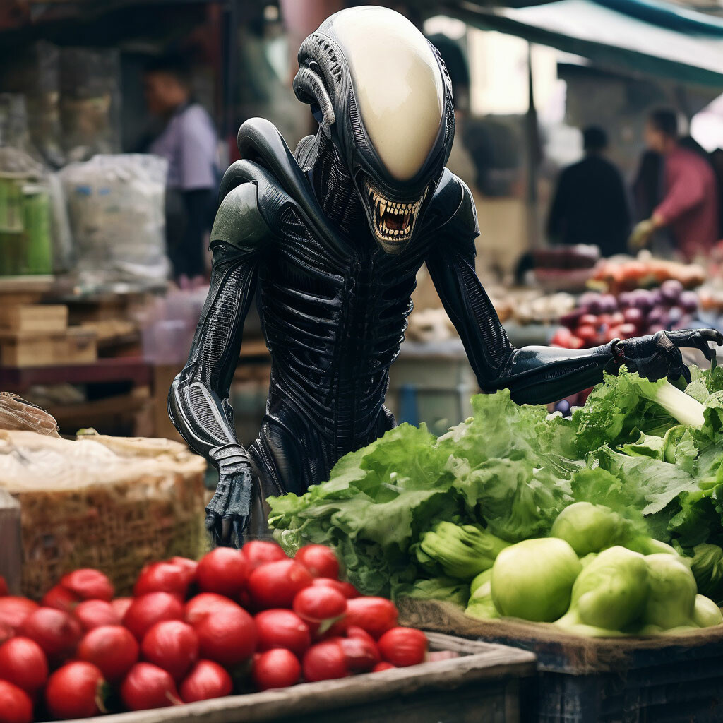 "Alien xenomorph works as a vegetable …" — image created in Shedevrum